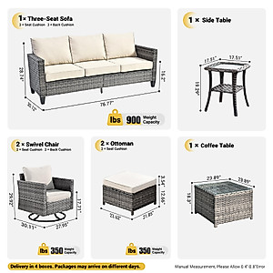 ovios Patio Furniture Set 7-Pieces Outdoor Wicker Sofa with Rocking Swivel Chairs and Coffee Table, High Back Conversation Set for Yard Deck Porch, Beige