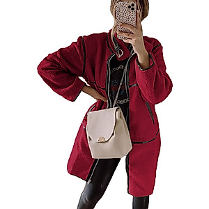 PRETTYGARDEN Women's Full Zip Fleece Jacket Long Sleeve Lapel Warm Winter Sherpa Coat With Pockets (Jujube Red,Large)