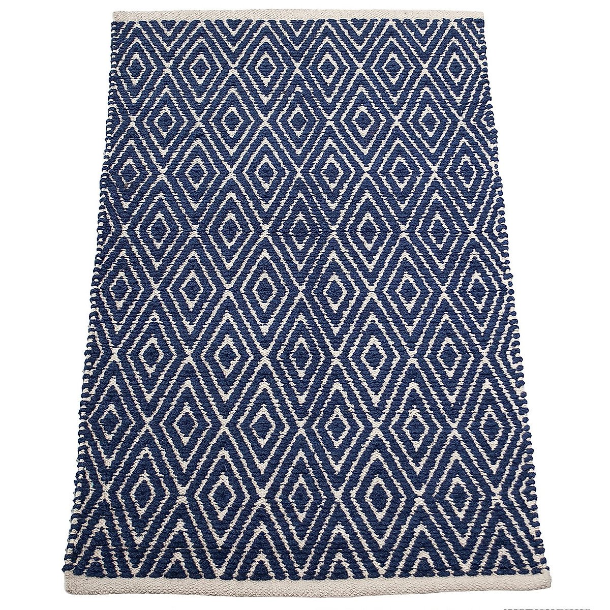 Chardin home 100% Cotton Diamond Rug Fully Reversible - Mat Size 21''x34'', Machine Washable, Navy/Ivory