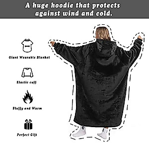 Oversized Wearable Blanket Hoodie for Women Men, Warm and Comfortable Sweatshirt Blanket, Super Cozy Flannel Blanket with Sleeves and Giant Pockets, One Size Fits All(Black)