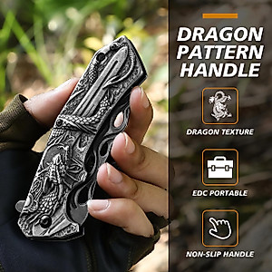 ohmonlyhoo Pocket Knife,3.5 inch Folding Knife with Dragon Pattern Handle,EDC Knife with Pocket Clip for Men and Women
