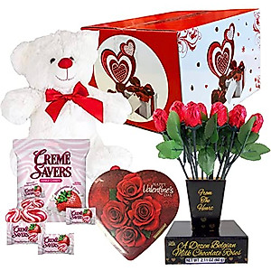 VALENTINE GIFT BASKET SET |10" Teddy Bear Plush (White or Red), Dozen Belgian Milk Chocolate Roses Bouquet, Creme Savers Strawberry and Creme Hard Candy, Elmer Chocolate Rose Flowers Heart Shaped, & Beautiful Custom Valentine Box|