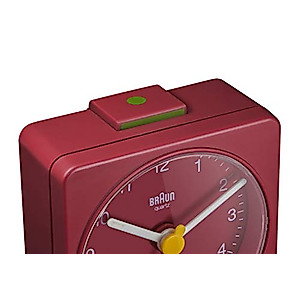Braun Classic Travel Analogue Alarm Clock, Compact Size, Quiet Quartz Movement, Crescendo Beep Alarm in Red, Model BC02R.
