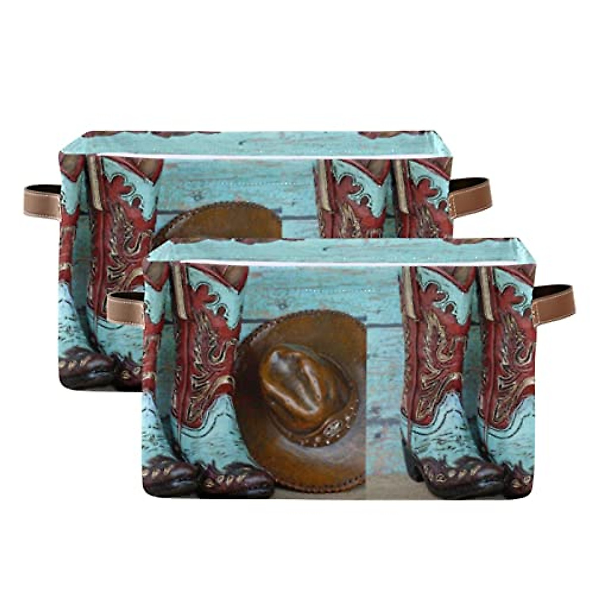Oyihfvs Turquoise and Red Cowboy Boots and Hat Standing on Wood 1 PC Rectangle Storage Basket Collapsible Fabric with Leather Handles Bag Organizer Clothes for Home Bedroom 15 x 11 x 9.5 in