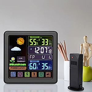 Weather Station Wireless Indoor Outdoor Thermometer, Multi-Function Color Display Digital Weather Thermometer with Atomic Clock, Forecast Station with Calendar and Adjustable Backlight