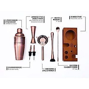 Mint & Mortar Cocktail Shaker Set, 7-Piece Bartender Kit with Stand, 24oz Martini Shaker Bottle Stainless Steel Bar Tools, Home Bar Accessories Drink Mixer, Barware Gift Set - Brushed Copper