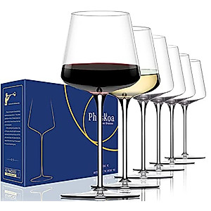 Wine Glasses Set of 6 – Hand Blown Crystal Wine Glasses – Tall Long Stem Red/White Wine Glasses – Unique square wine glasses with flat bottom For Cabernet, Pinot Noir, Burgundy –16oz Clear