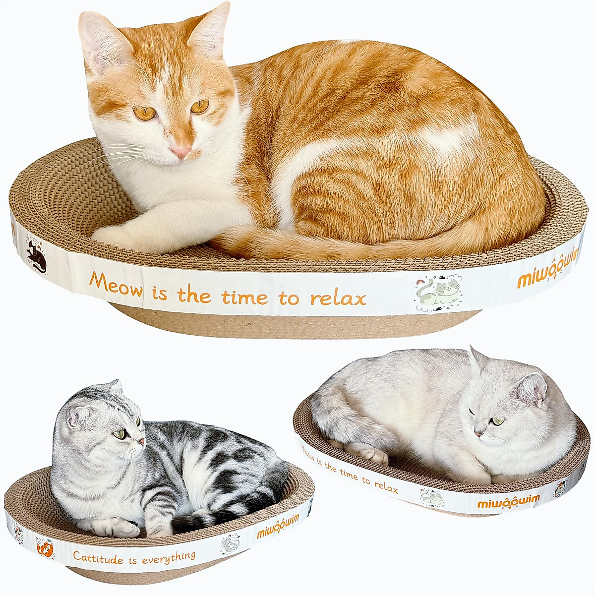 Miwoowim 4PCS 2 Cat Scratcher Bowl +1 Corrugated Scratch Pad with Box+ 1 Brush,Oval Shape Cat Scratcher Cardboard Bed, Cat Scratching Lounge Bed, Cute Round Cat Scratcher
