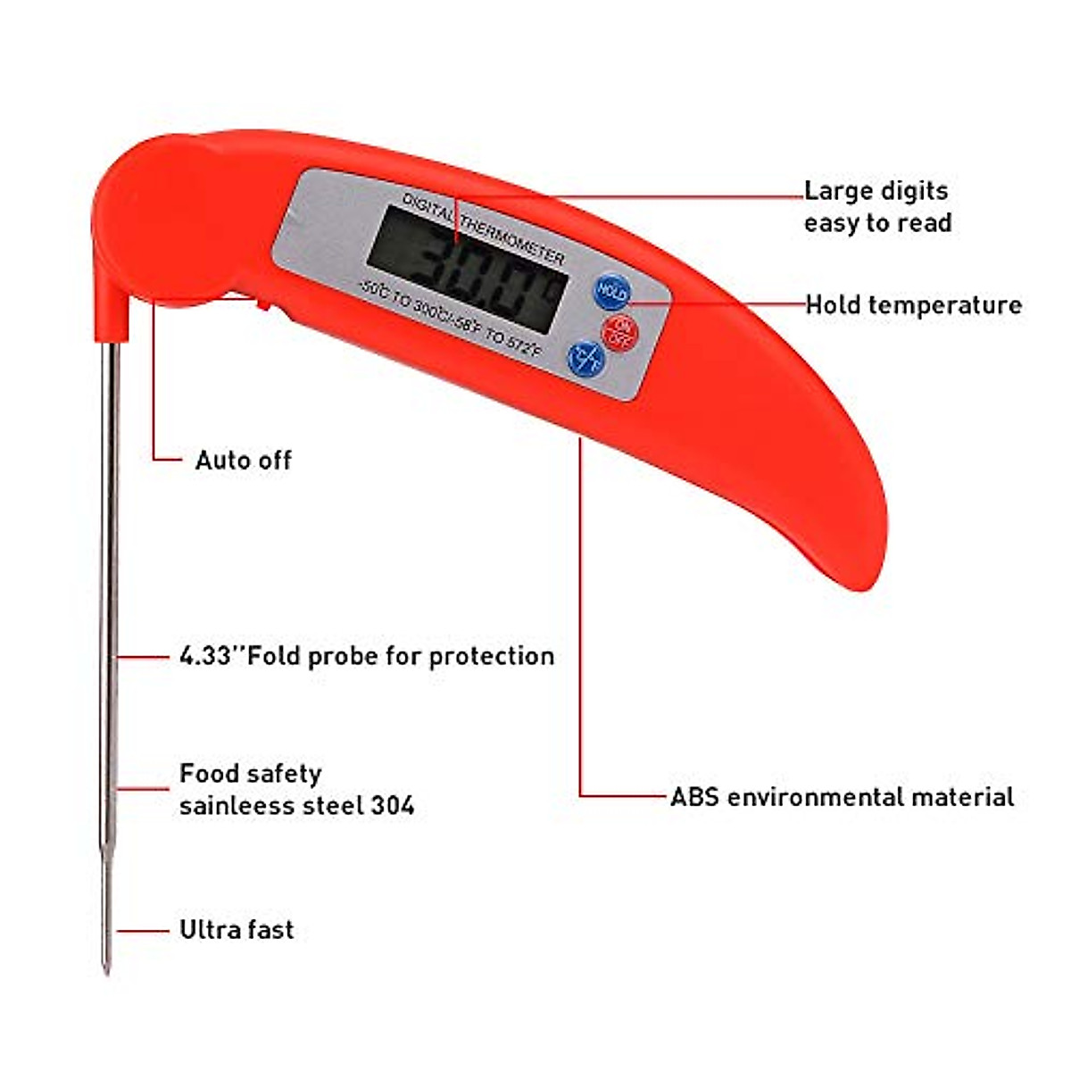 Toxz Food and Meat Digital Thermometer Javelin Thermometer,Instant Read,Stainless Steel Probe for Grill Cooking BBQ,Auto Shut-Off,ºF/ºC Switchable,Accurate to ±1ºF