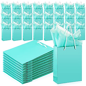 24 Pack Small Heavy Duty Teal Blue Paper Gift Bags with Handles and Blue Tissue Paper Thick Small Turquoise Party Favor Gift Bags for Birthday Wedding Baby Shower, 6 x 7.8 x 2.4 Inch