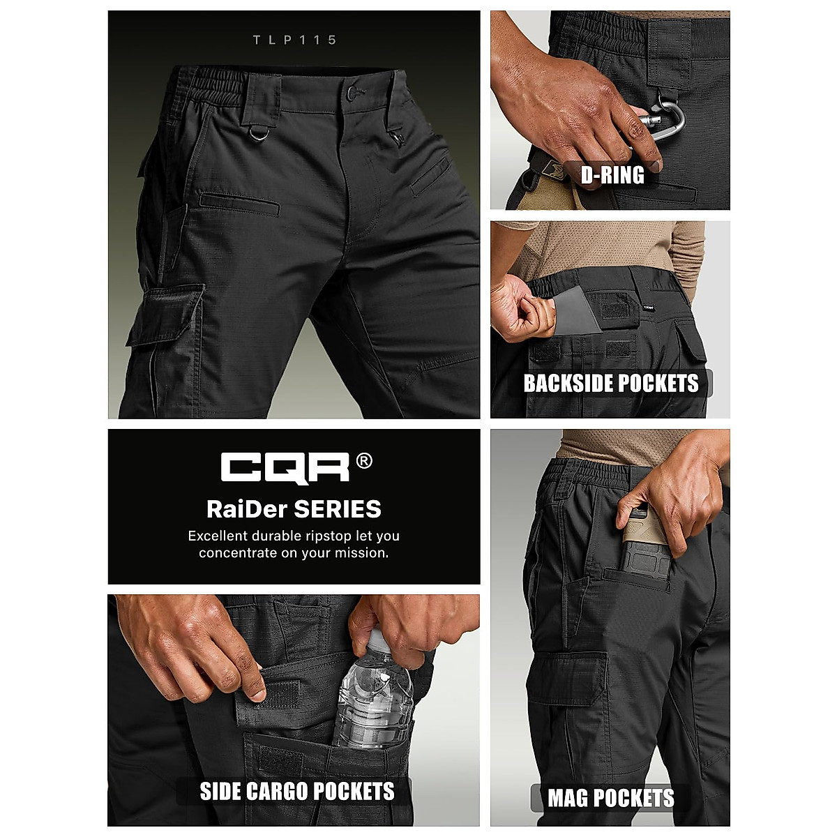CQR CLSX Men's Tactical Pants, Water Resistant Ripstop Cargo Pants, Lightweight EDC Work Hiking Pants, Outdoor Apparel, Duratex Black, 38W x 30L