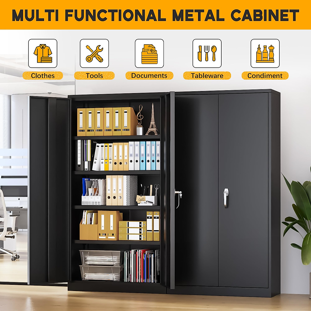 Greenvelly Metal Garage Storage Cabinet with Lock, 72" H Black Metal Cabinet with 2 Doors and 4 Adjustable Shelves for Office,Home,Garage,School(32" W x 16" D)