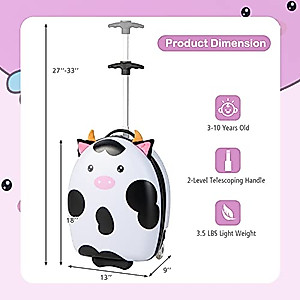 BABY JOY Kids Luggage, 16” Hard Shell Carry-On Suitcase w/LED Flashing Rolling Wheels, Telescopic Handle, Upright Travel Trolley Luggage for Toddlers Girls Boys, Airplane Approved (Little Milk Cow)