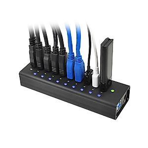 SIIG 10 Port USB Hub with 9 USB 3.0 Data ports and 1 charging port, 12V/5A Power Adapter, for Tablets, Smartphones, Hard Disk