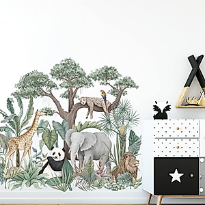 Tropical Green Plant Jungle Animal Wall Stickers, Removable Large Tree Vinyl Wallpaper Decal, DIY Art Murals for Kids Bedroom Nursery Home Decor (A)