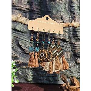 Verdusa Women's 3 Pairs Boho Tassel Earrings Set Khaki one-size