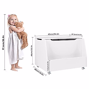 URKNO Kids Toy Box, Wooden Toy Storage Chest with Safety Hinges Lid for Girls Boys, Toy Storage Organizer Bench with Bookshelf for Toddler Room, Nursery, Bedroom, Playroom, Living Room, White