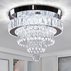 Finktonglan 11.8" Crystal Chandeliers, Modern Crystal Ceiling Light LED Small Chandeliers Semi Flush Mount Chandelier Room Light for Bedrooms Living Room Hallway (6500K White Light)