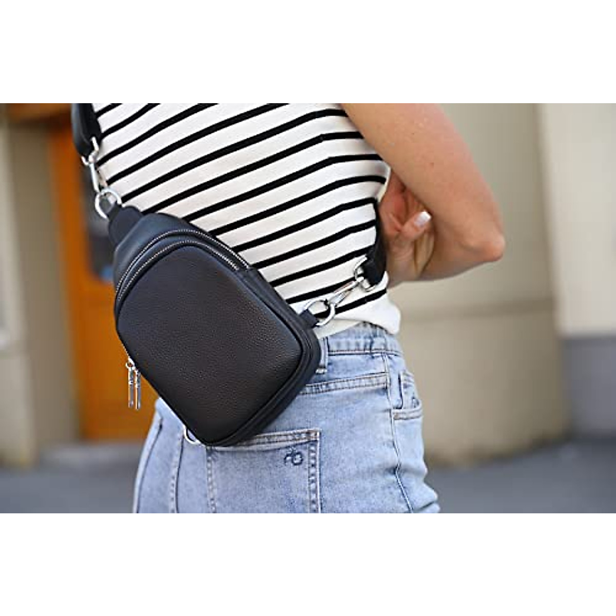 befen Genuine Leather Crossbody Bags for Women,Medium Sling Bag Fanny Packs Cell Phone Purse for Women Men Walking - Medium Black