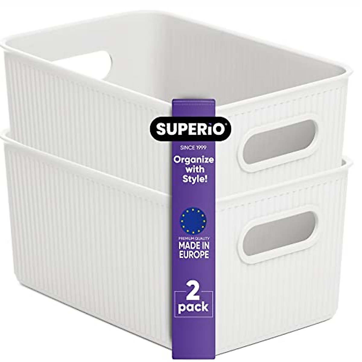 Superio Ribbed Collection - Decorative Plastic Open Home Storage Bins Organizer Baskets, Medium White (2 Pack) Container Boxes for Organizing Closet Shelves Drawer Shelf 5 Liter
