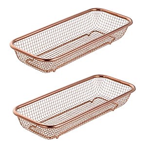 BYEGOU Kitchen Drawer Organizer, Stainless Steel Storage Container Rose Gold Metal Cabinet Storage Basket for Holding Silverware Kitchen Utensil, Pack of 2