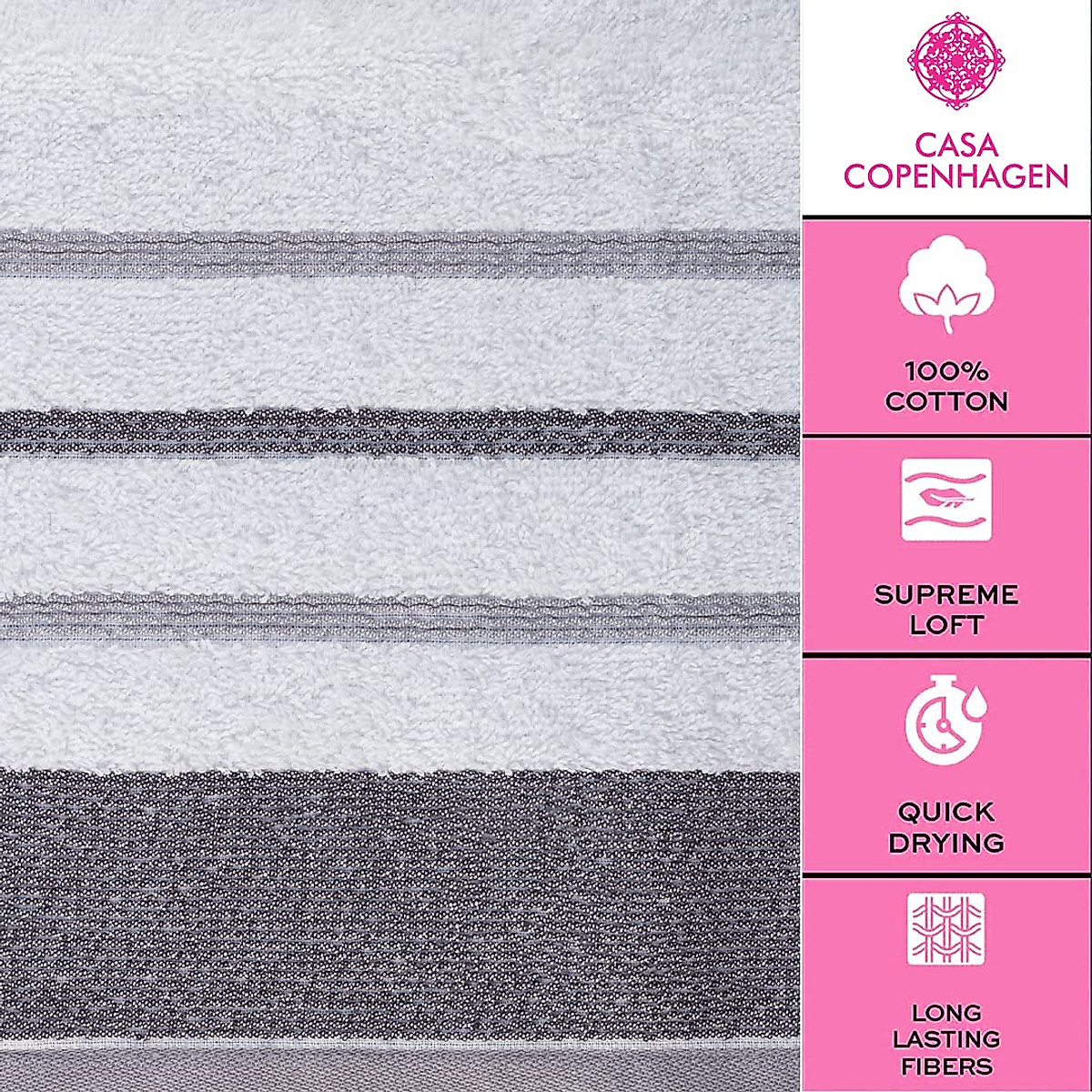 CASA COPENHAGEN White Bay, 6 Pieces Towel Set- White with Dark Grey and Grey Violet Border, 600 GSM, 2Bath, 2Hand, 2Washcloths Egyptian Cotton Towel for Hotel Spa Kitchen Bathroom Kitchen & Shower