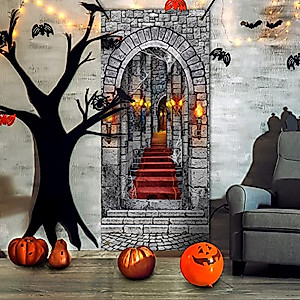 Remagr Door Cover Decorations Castle Entrance Door Cover 3D Medieval Theme Castle Backdrop Gothic Birthday Photo Background Banner for Remagr Vampire Party Decor Supplies, 78 x 36 Inch
