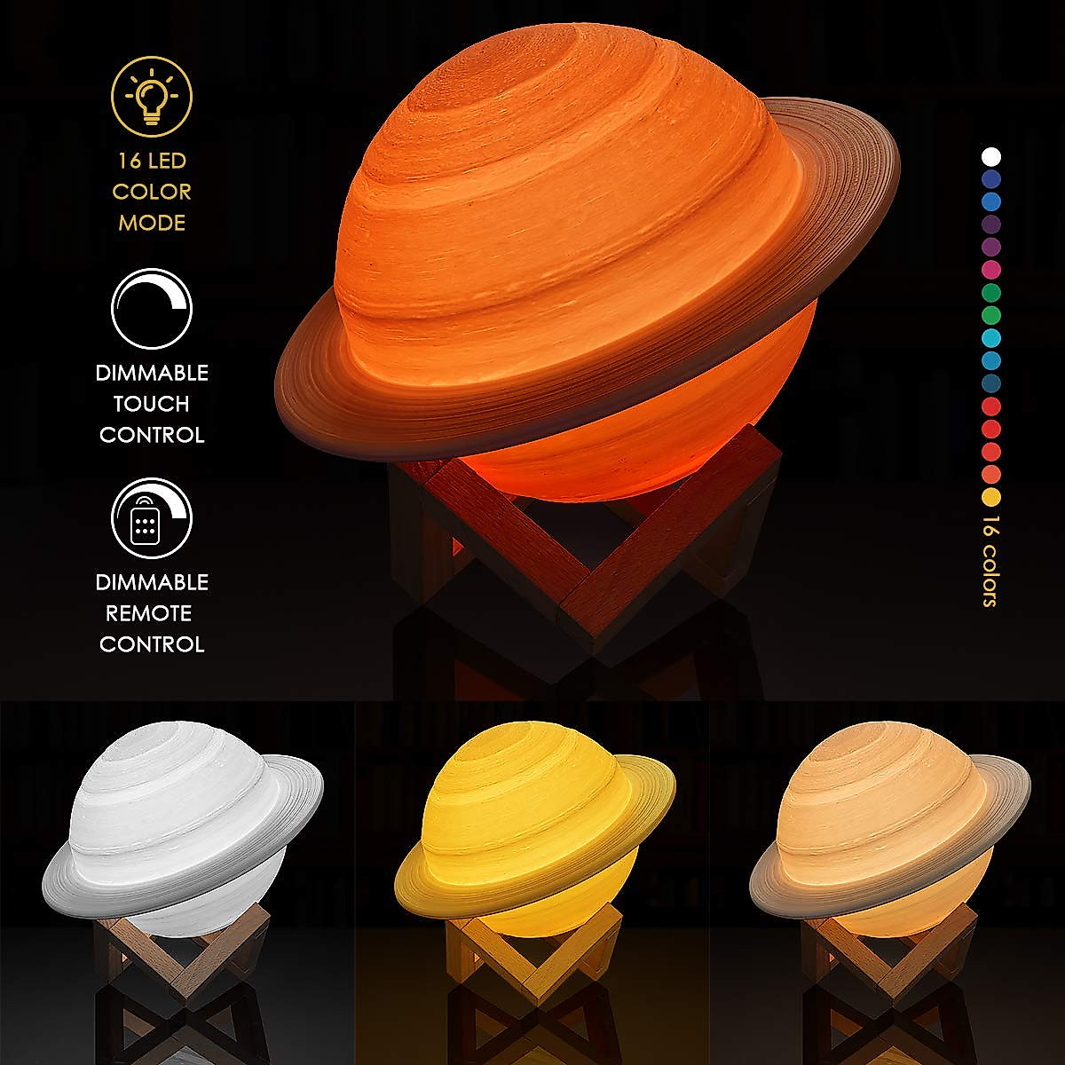 SOONHUA Saturn Lamp, 8.6 inch Moon Lamp 16 Colors LED Moon Night Light USB Rechargeable with Remote&Touch Control Bedside Lamp Gifts for Boys Girls Kids Friends Birthday