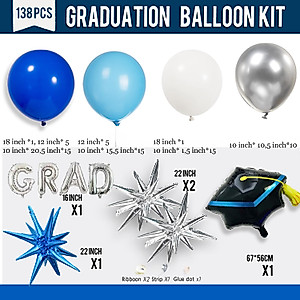 2024 Graduation Party Decorations blue and white balloon arch kit 135pcs-Congrats Grad Silver Letter Balloons, Starburst Foil Balloons for Blue Silver White Graduation Party Supplies