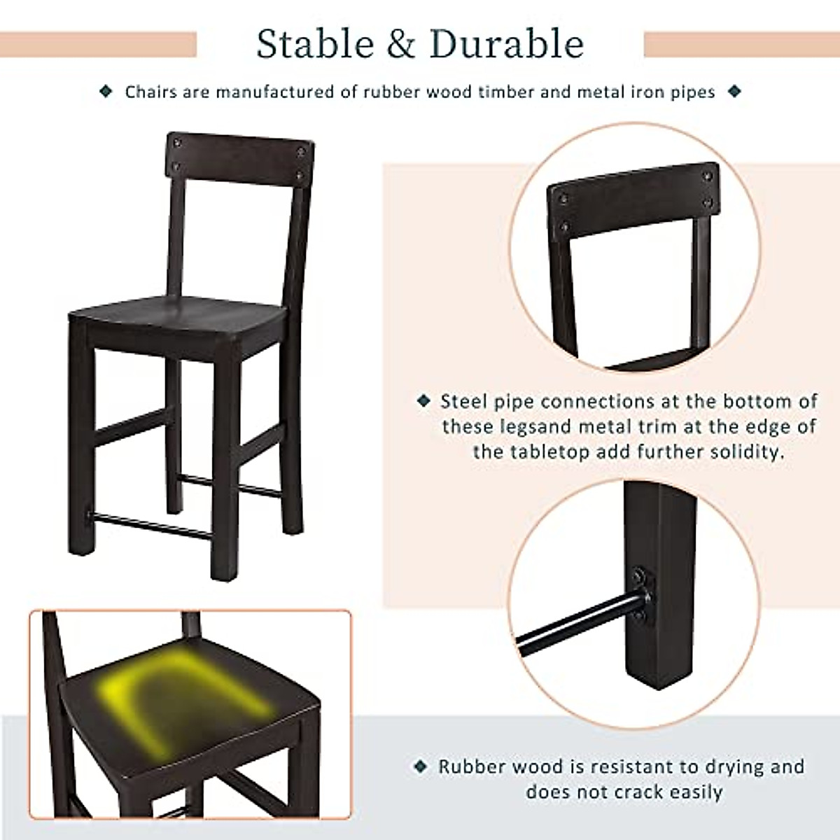 Dinehome 5-Piece Counter Height Dining Set, Minimalist Industrial Style Wood & Metal Table with 4 Chairs for Small Space, Espresso