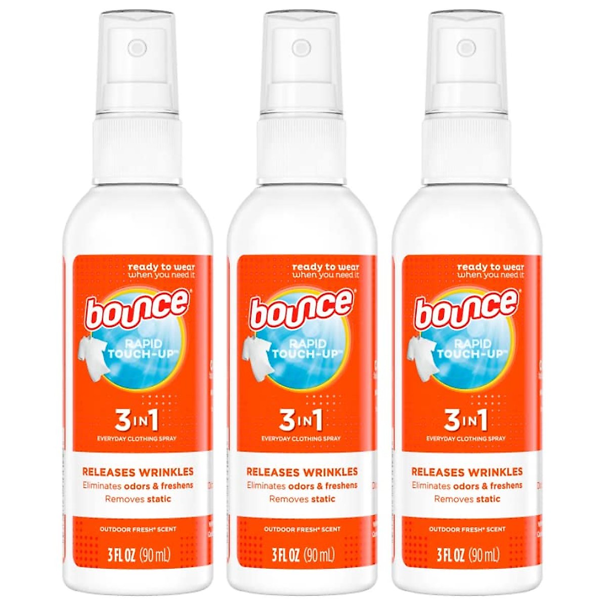 Bounce Anti Static Spray, 3 in 1 Instant Anti Static Spray & Instant Wrinkle Release, Odor Eliminator & Fabric Refresher, Travel Size (3 Oz,Pack of 3)