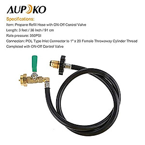 Aupoko Propane Refill Adapter Hose, 36’’ Propane Refill Hose with POL Type 1LB Tank Bottle Adapter, and ON/Off Control Valve, 350PSI Rated High Pressure Propane Extension Hose