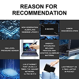 Mini Laptop 8 inch HD Touchscreen Portable 2 in 1 Computer, Windows 11 Pro Small Gaming Laptop,Intel N100 12 GB LPDDR5 1 TB M.2 SSD,WiFi 6,BT5.2 2 MP Camera,G-Sensor,HDMI,Type C