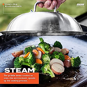 OUII Flat Top Griddle Accessories Set for Blackstone and Camp Chef Griddle - 12 Inch Heavy Duty Round Basting Cover Cheese Melting Dome with Cast Iron Burger Bacon Press & Basting Brush