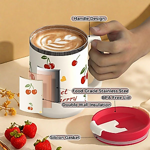 Maiyuansu Cherry Print Stainless Steel Tumbler with Handle Insulated Coffee Cup with Hadle and Lid Portable Travel Mug Water Bottle Double Wall Insulation