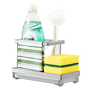 Oyydecor Kitchen Sink Caddy, 304 Stainless Steel Sponge Holder Organizer Countertop Soap Dish Rack Drainer with Drain Pan for Dish Rag Scrub Brush and Hand Sanitizer (Silver)