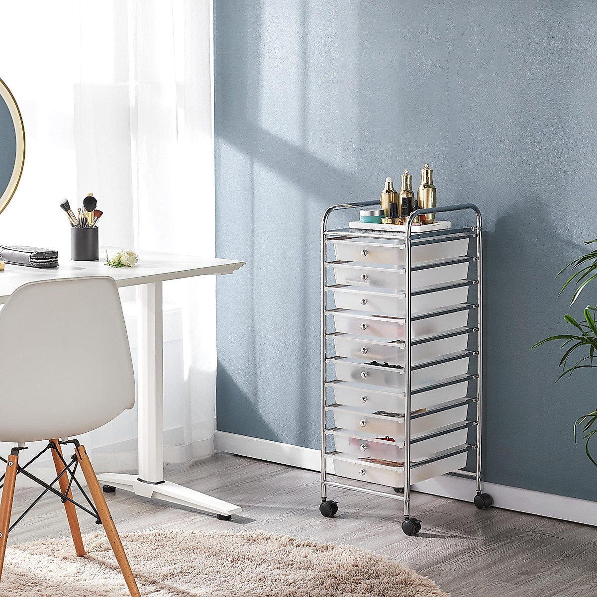 Topeakmart Plastic Trolley with 10 Drawers Rolling Cart Organizer Utility Cart Storage Bin Organizer on Wheels, White