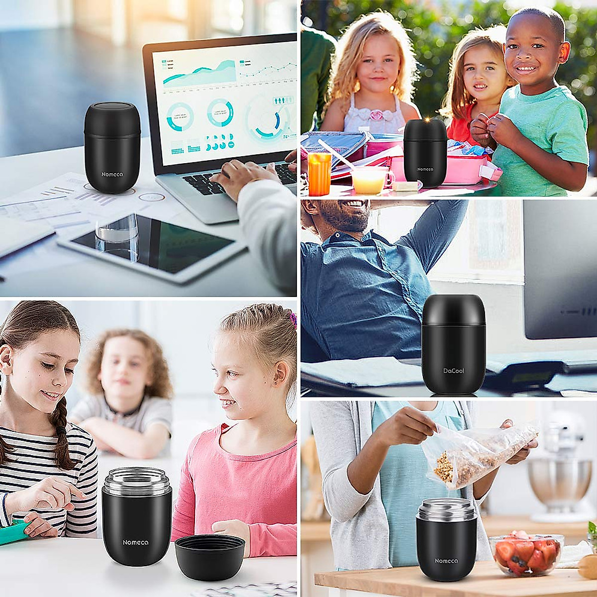 Keep Food Warm Lunch Container - Wide Mouth Lunch Thermoses for Hot Food Nomeca 16Oz Stainless Steel Thermal Vacuum Bento Box With Spoon for Kids Adult School Office Outdoor, Black