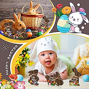 4 Pcs Easter Table Decorations Easter Bunny Signs Wooden Bunny Decor Easter Word Sign Rustic Farmhouse Rabbit Tiered Tray Decor Spring Sign for Home Party Decoration (Flower Bunny Style)