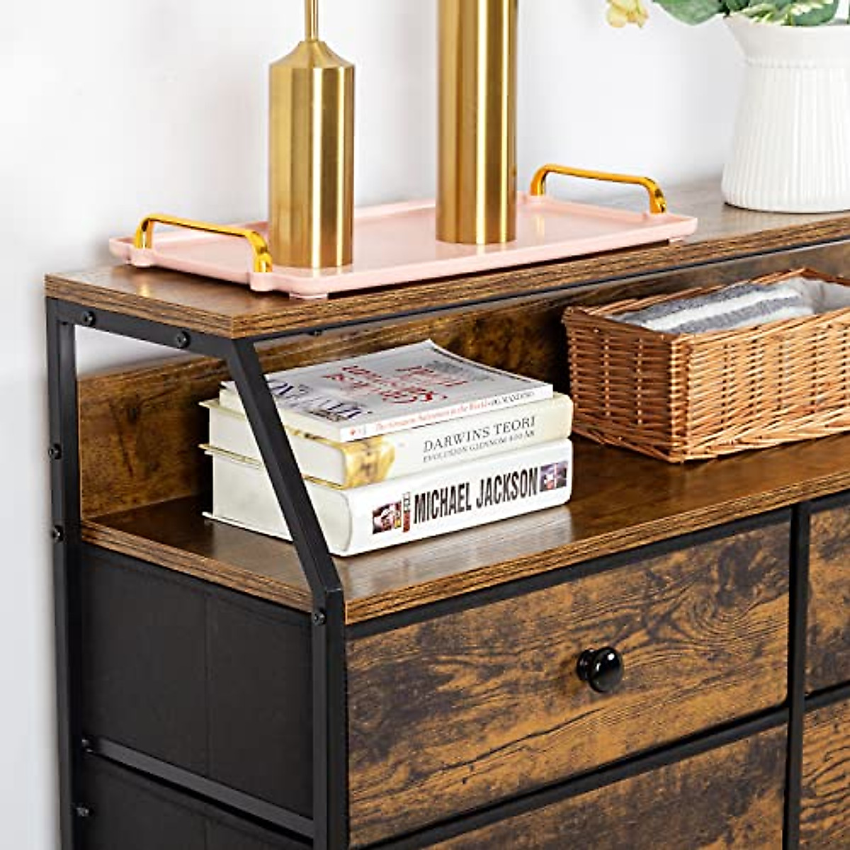 REAHOME 8 Drawer Dresser for Bedroom with Shelves Large Storage Organizer Unit for Closet Living Room Entryway Office Sturdy Steel Frame Wooden Top with Two Additional Drawer Organizers(Rustic)TXK8R2
