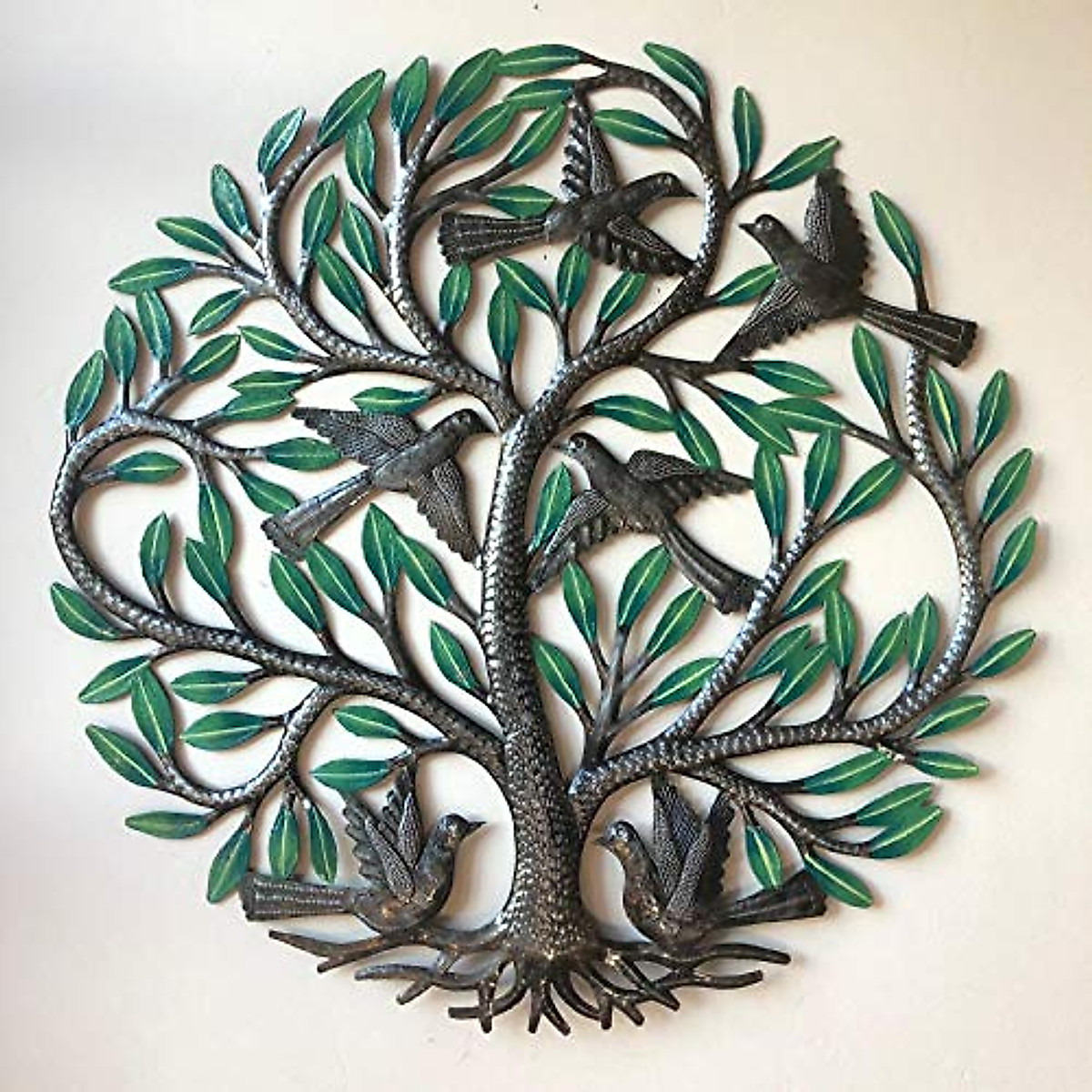 It's Cactus Haitian Hand Painted Tree of Life Wall Decor, Global Art Made in Haiti, Oil Drum Metal Craft with Birds, Decoration for Kitchen or Anywhere in Home, 24 In. x 24 In. (Hand-Painted Tree)