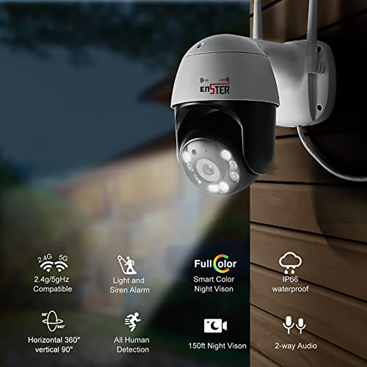 ENSTER 2.4/5 Ghz WiFi PTZ IP Camera for Home Security, Outdoor 1080P 4X Digital Zoom Pan Tilt Surveillance Metal Speed Dome with Spotlight, 150FT Color Night Vision, Auto Tracking, 2-Way Audio, IP66