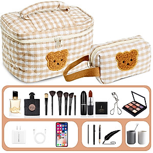 AIPJOY Kawaii Cotton Checkered Makeup Bag,Large Quilted Coquette Travel Cosmetic Bag,Cute Aesthetic Pouch Purse Toiletry Bag For Women（2pcs）