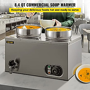 VEVOR 110V Commercial Food Warmer 8.4 Qt Capacity, 500W Electric Soup Warmer Adjustable Temp.86-185℉, Stainless Steel Countertop Soup Pot with Tap, Bain Marie Food Warmer for Cheese/Hot Dog/Rice