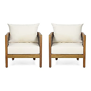 Christopher Knight Home Burchett Outdoor Acacia Wood Club Chairs with Cushions, Beige, Brown