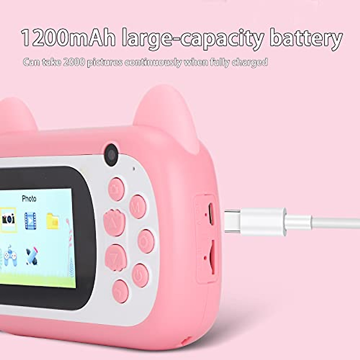 mumisuto Kids Digital Camera, Instant Camera with Print Paper 24MP Resolution 200dpi 32GB Children's Cam Pink Cat