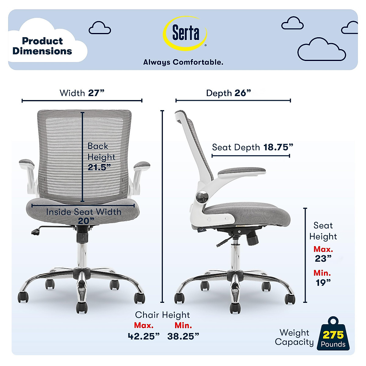 Serta Creativity Ergonomic Mesh Office Computer Desk Chair, Adjustable Armrest with Mid-Back Lumbar Support, Gray