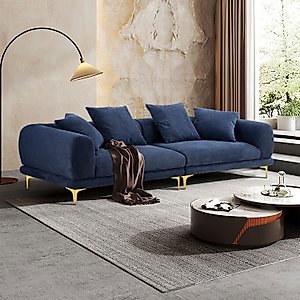 JUSTONE 102''Sofa Couch for Living Room, Modern Mid-Century 4 Seater Sofa with 4 Pillows, Upholstered Couch with Metal Wood Legs for Living Room, Bedroom and Lounge,Apartment Office - Blue