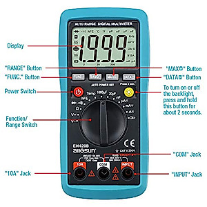 allsun Auto-Ranging Digital Multimeter Capacitance Test Multi Tester Electrical Test Tools AC DC Amp Volt Temp OHM DMM Auto Power Off Backlight Max.Reading 1999 EM420B