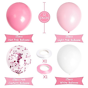 100pcs 12Inch Pink Balloons Hot Pink Light Pink White and Pink Confetti Latex Balloons for Girls Woman Birthday Decorations Valentines Day Baby Shower Bridal Proposal Wedding Party Decorations